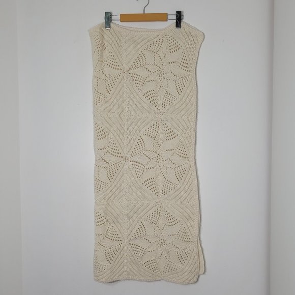 Vintage | Bedding | Handmade Floral Knit Afghan Throw Ivory Tan White ...